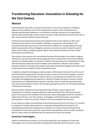 Transforming Education: Innovations in Schooling for the 21st Century | PDF
