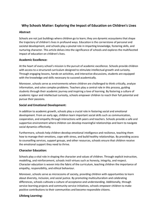 Why Schools Matter: Exploring the Impact of Education on Children's ...
