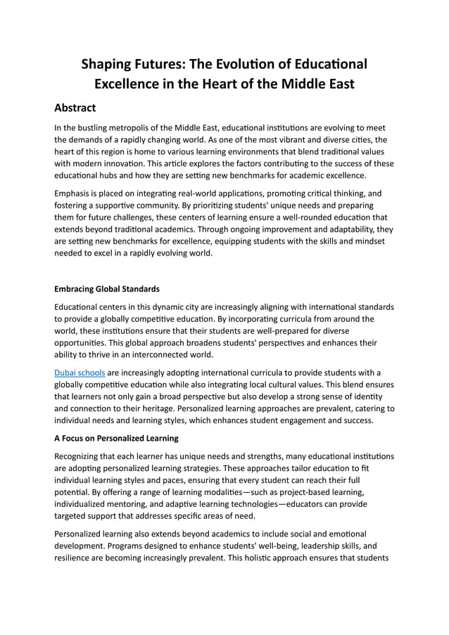Shaping Futures: The Evolution of Educational Excellence in the Heart of the Middle East | PDF