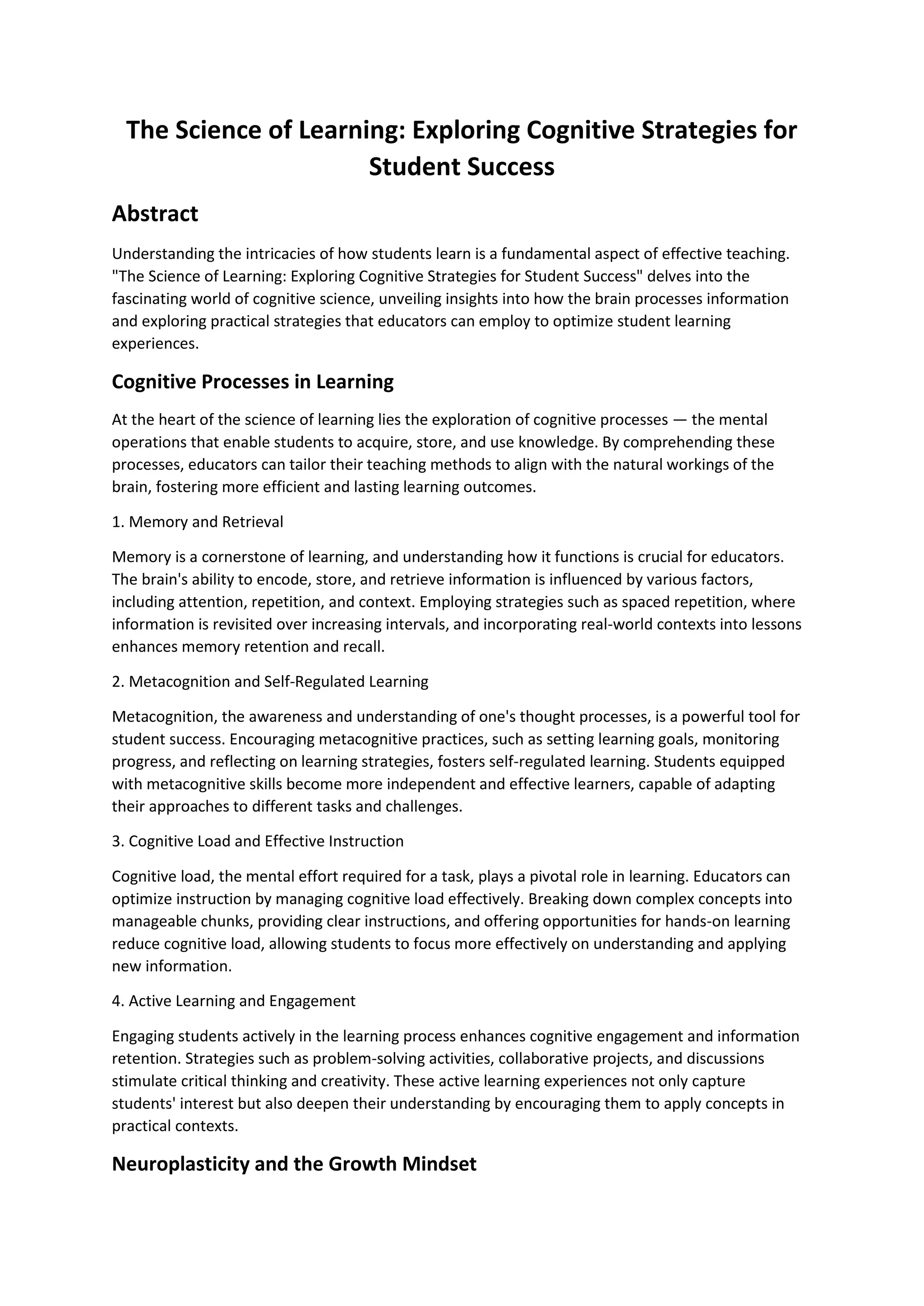 The Science of Learning: Exploring Cognitive Strategies for Student Success | PDF