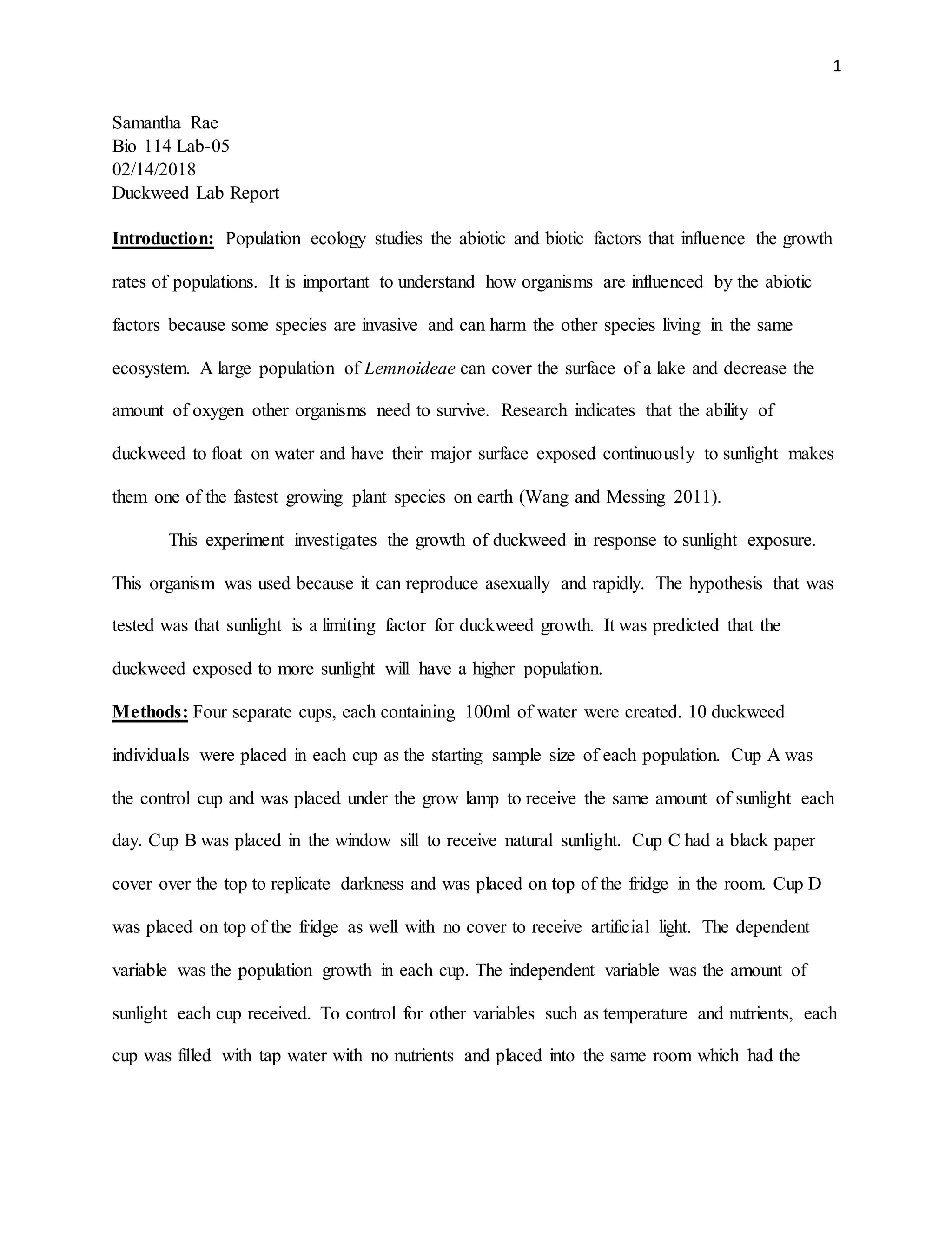 Duckweed Lab Report | DOCX
