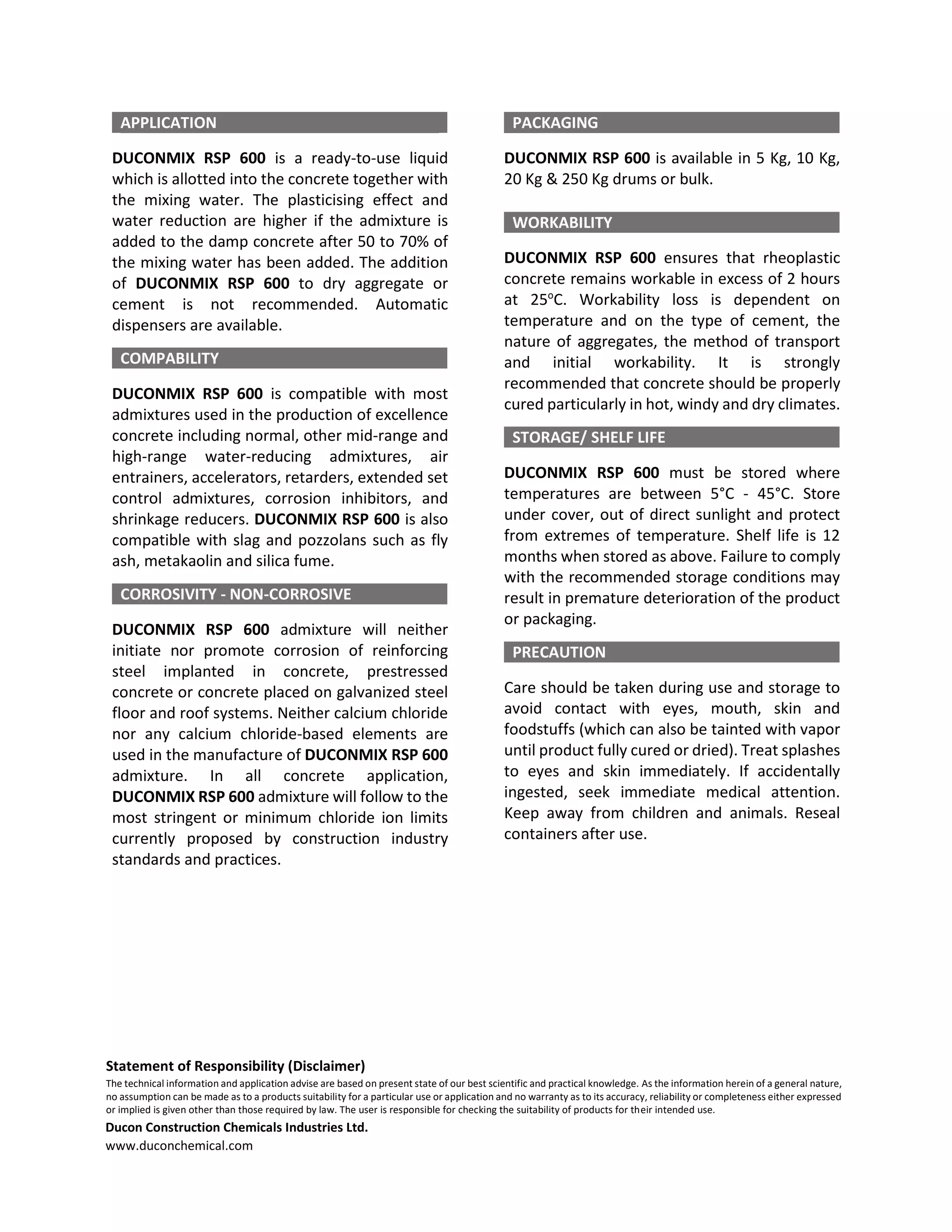 Duconmix RSP 600 - Retarding Superplasticising concrete Admixture | PDF