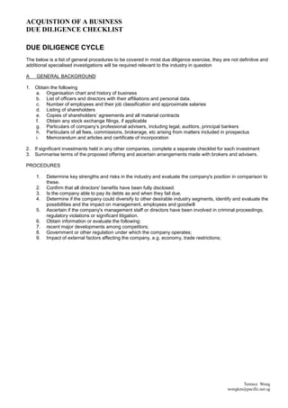 Due Diligence Checklist | PDF | Mergers and Acquisitions | Business ...