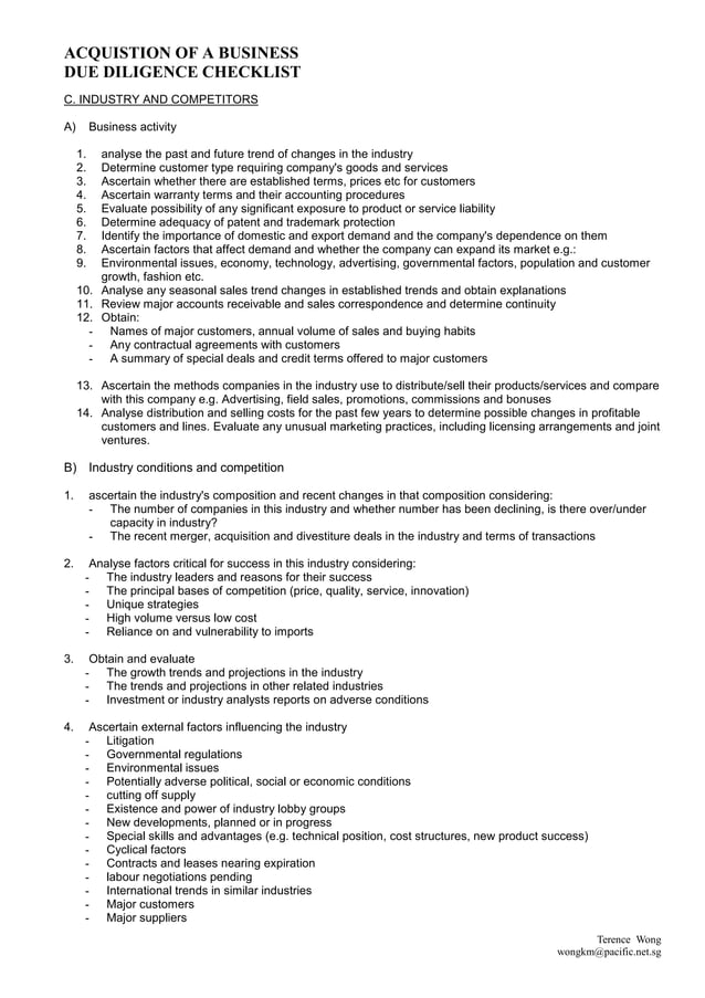 Due Diligence Checklist | PDF | Mergers and Acquisitions | Business ...
