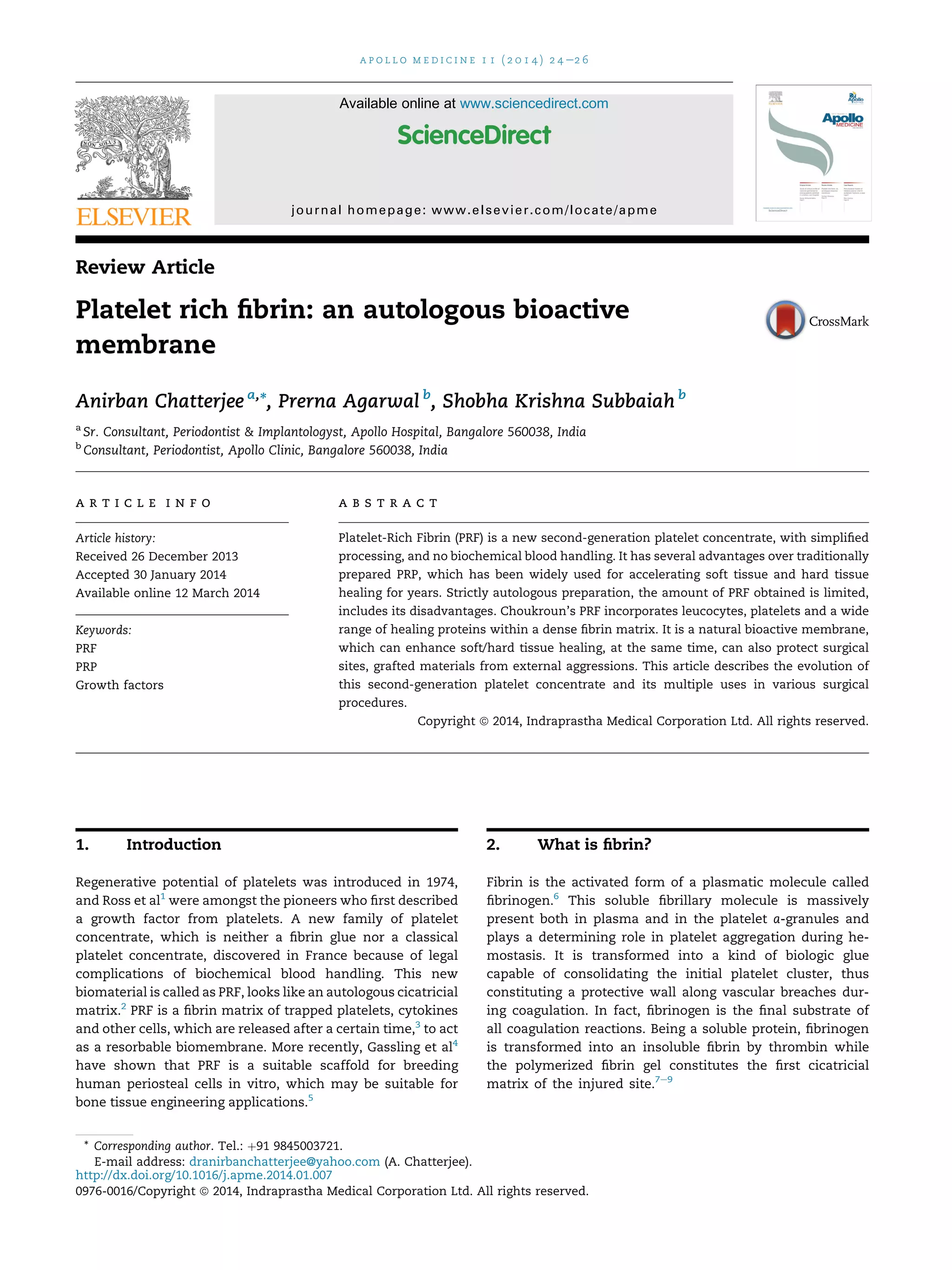 Platelet rich fibrin: an autologous bioactive membrane | PDF