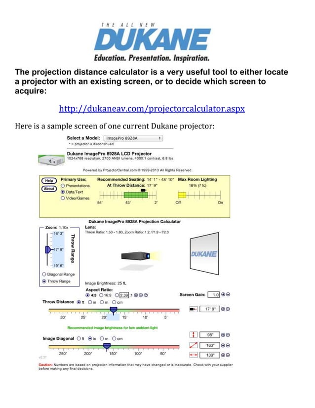 Dukane projection calculator sv | PDF