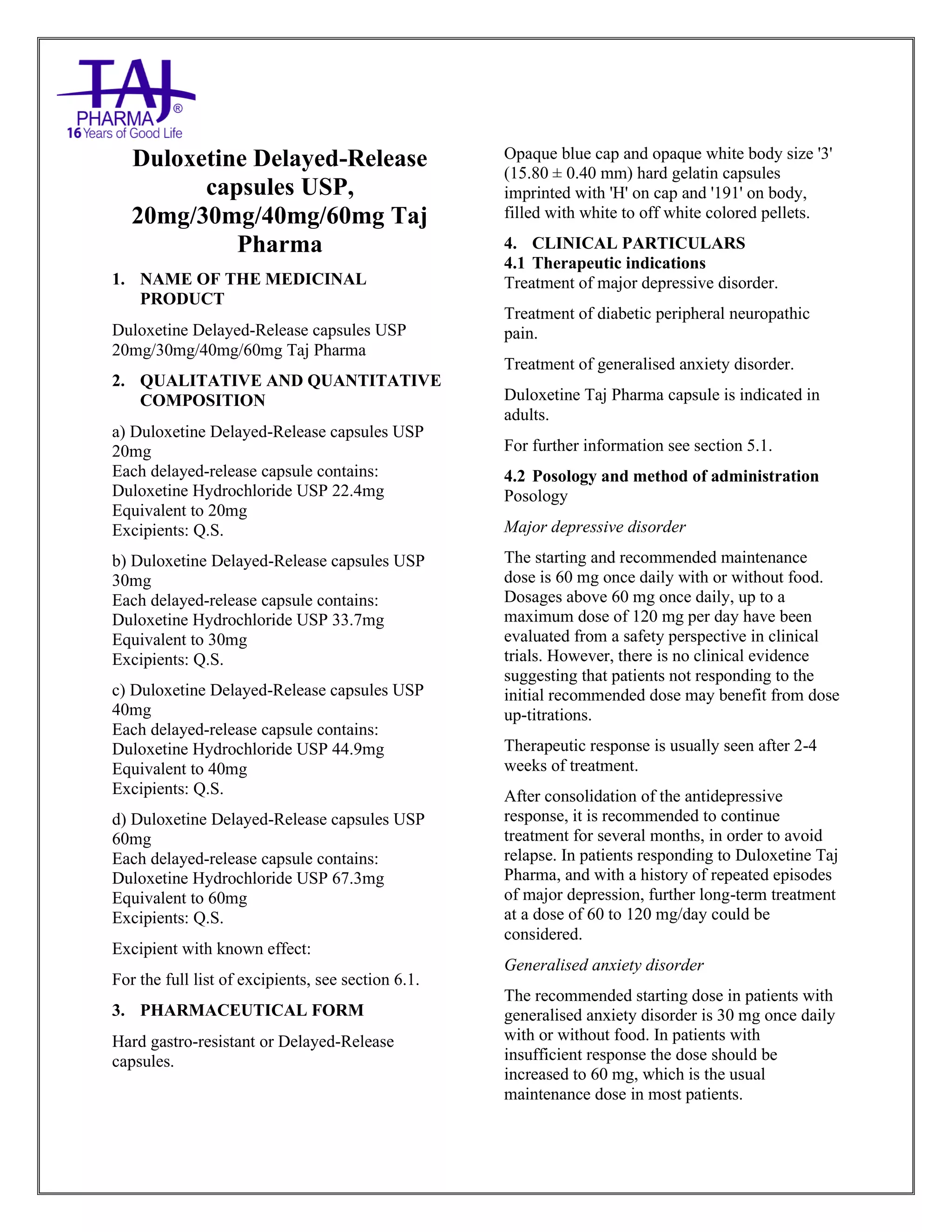 Duloxetine Delayed-Release capsules USP Taj Pharma SmPC | PDF