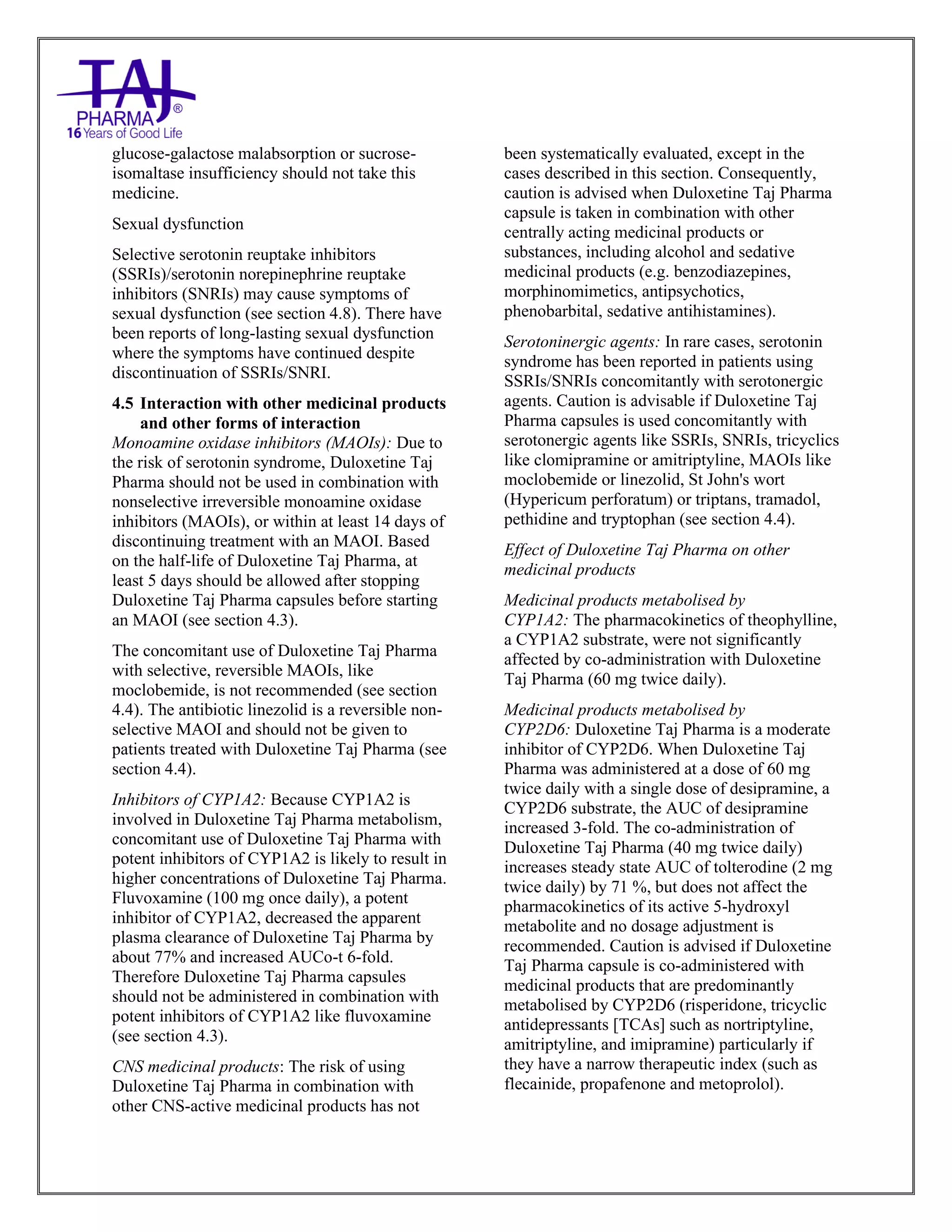 Duloxetine Delayed-Release capsules USP Taj Pharma SmPC | PDF