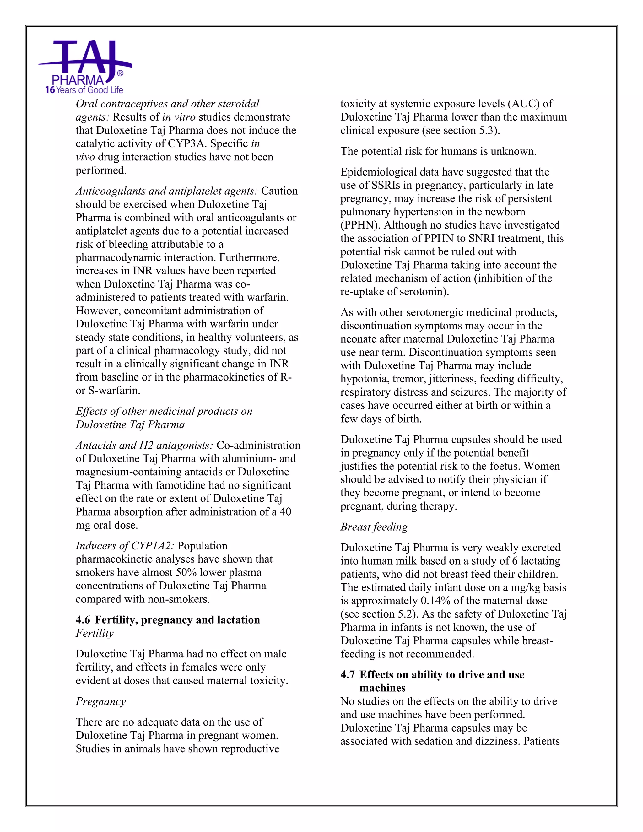 Duloxetine Delayed-Release capsules USP Taj Pharma SmPC | PDF