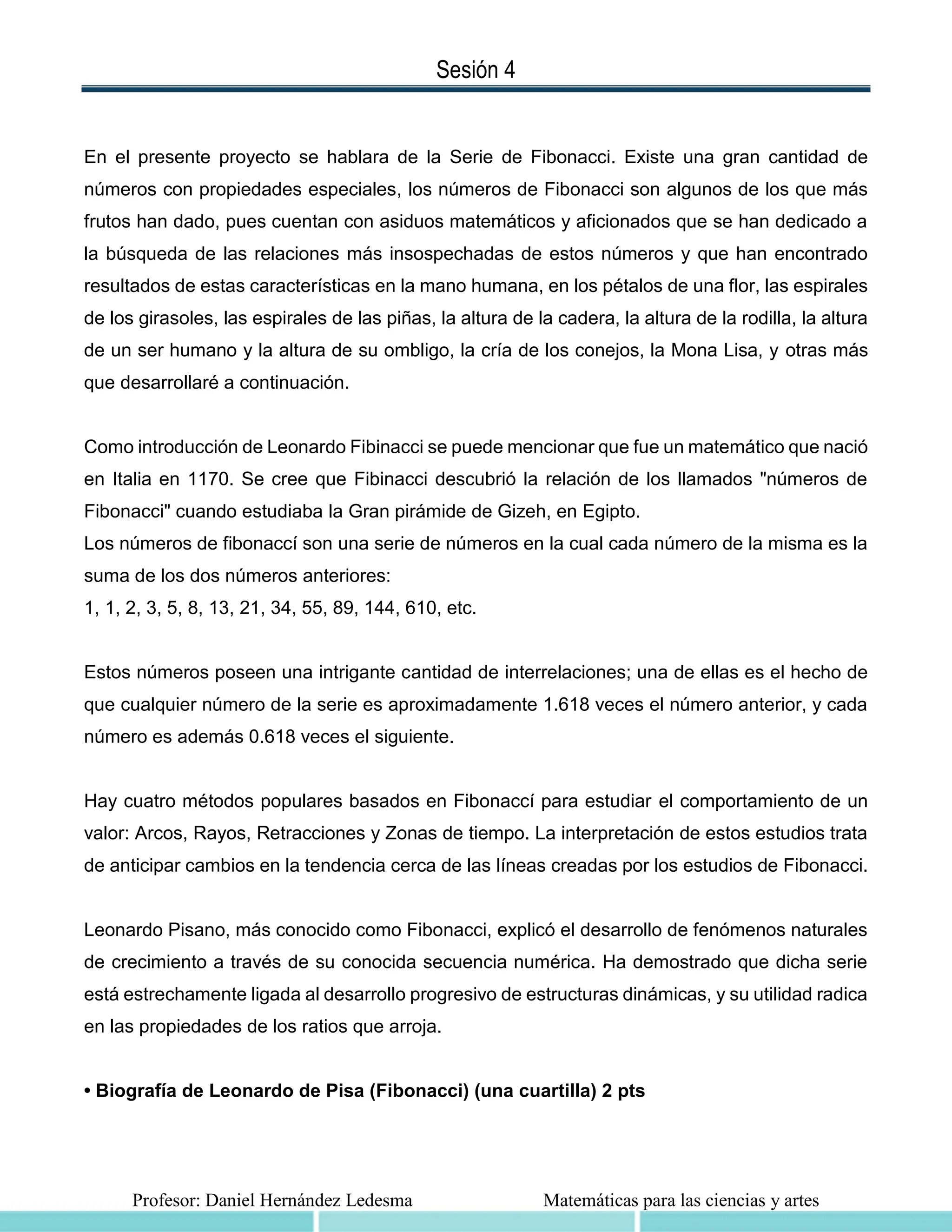 Matemáticas para las ciencias y artes: Serie de Fibonacci | DOCX