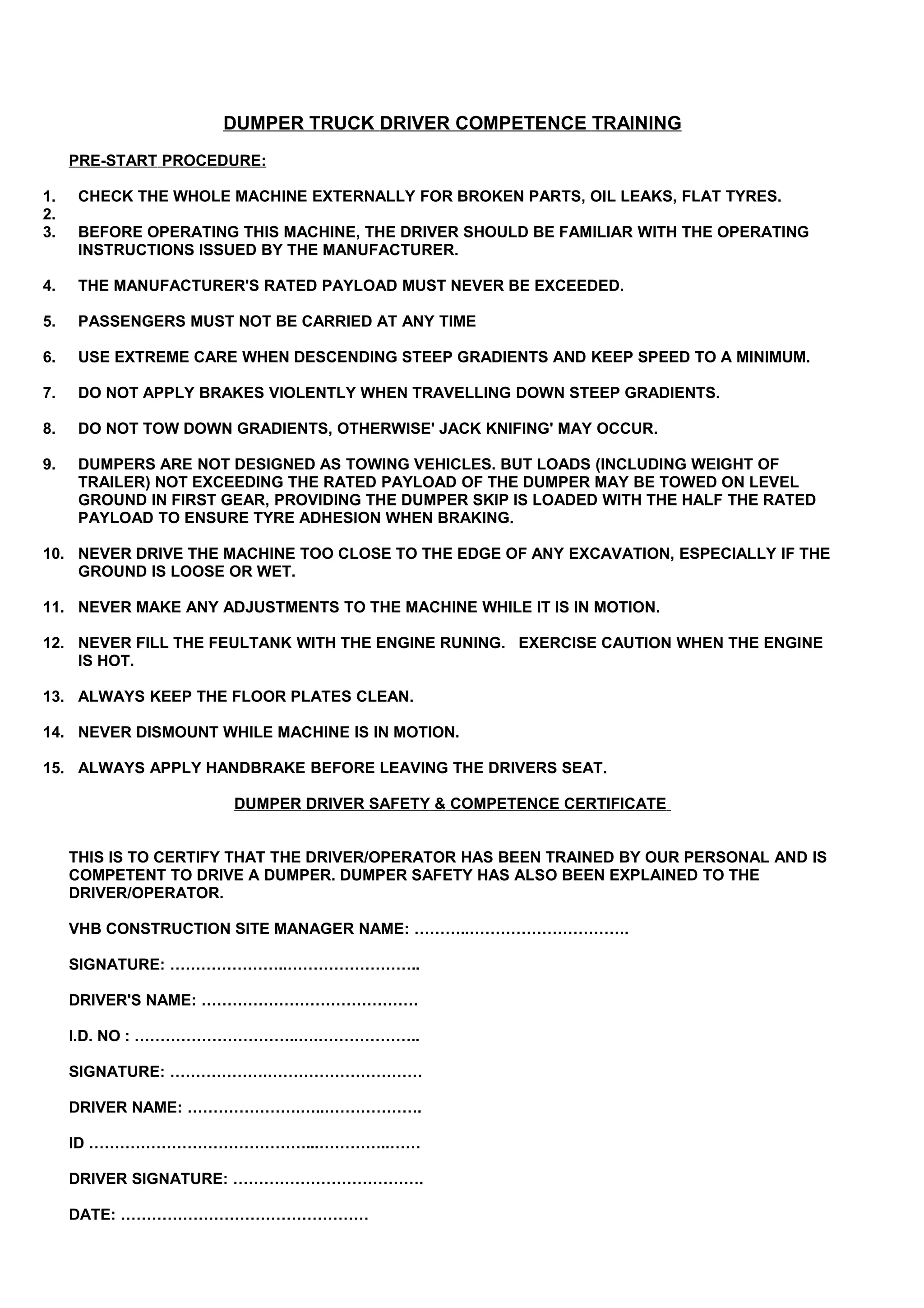 Dumper truck driver competence training | DOC