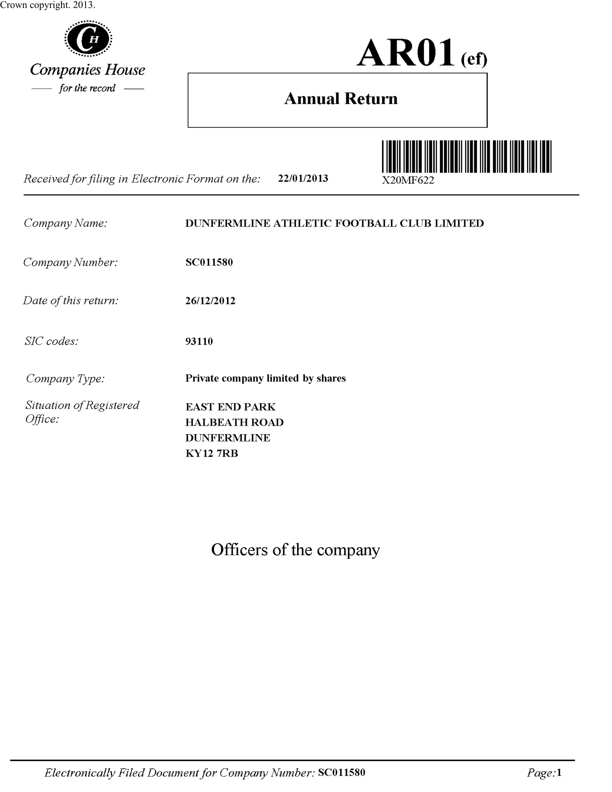 Dunfermline Athletic Football Club Limited - Latest Annual Return | PDF