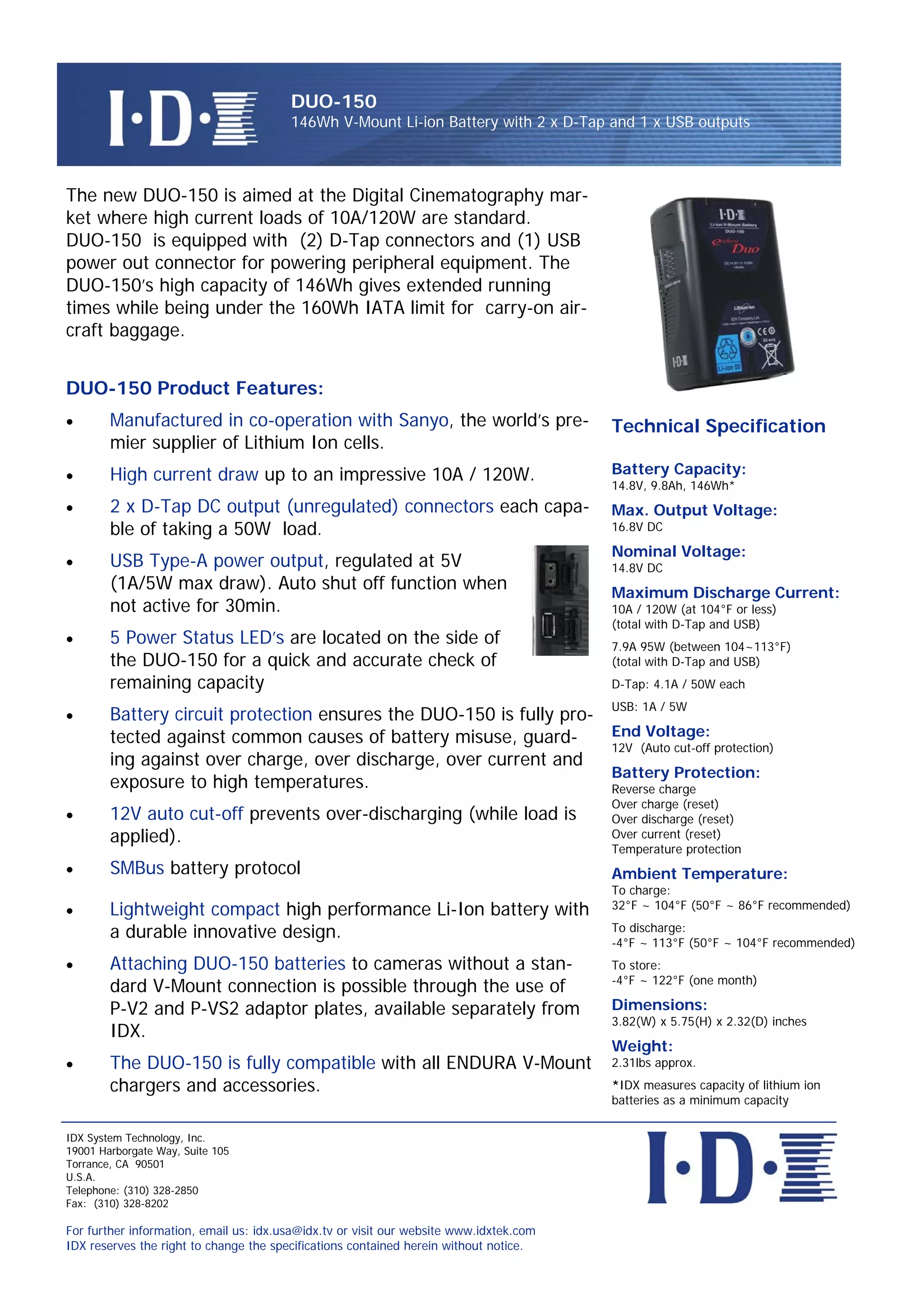 IDX DUO-150 Datasheet | PDF | Consumer Electronics | Technology & Computing