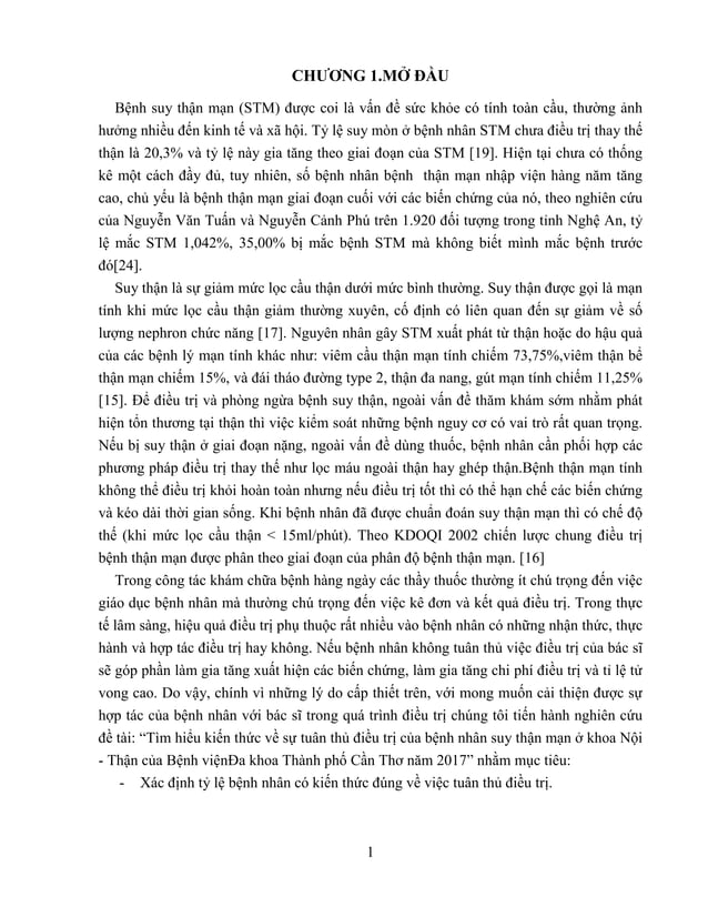 Đề tài: Sự tuân thủ điều trị của bệnh nhân suy thận mạn ở khoa Nội | PDF