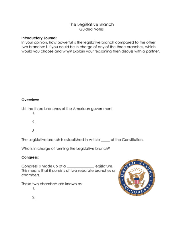 The Legislative Branch (Guided Notes) | PDF