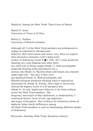 Three Faces of Deceit: Distinctive Dark Triad Dynamics | PDF