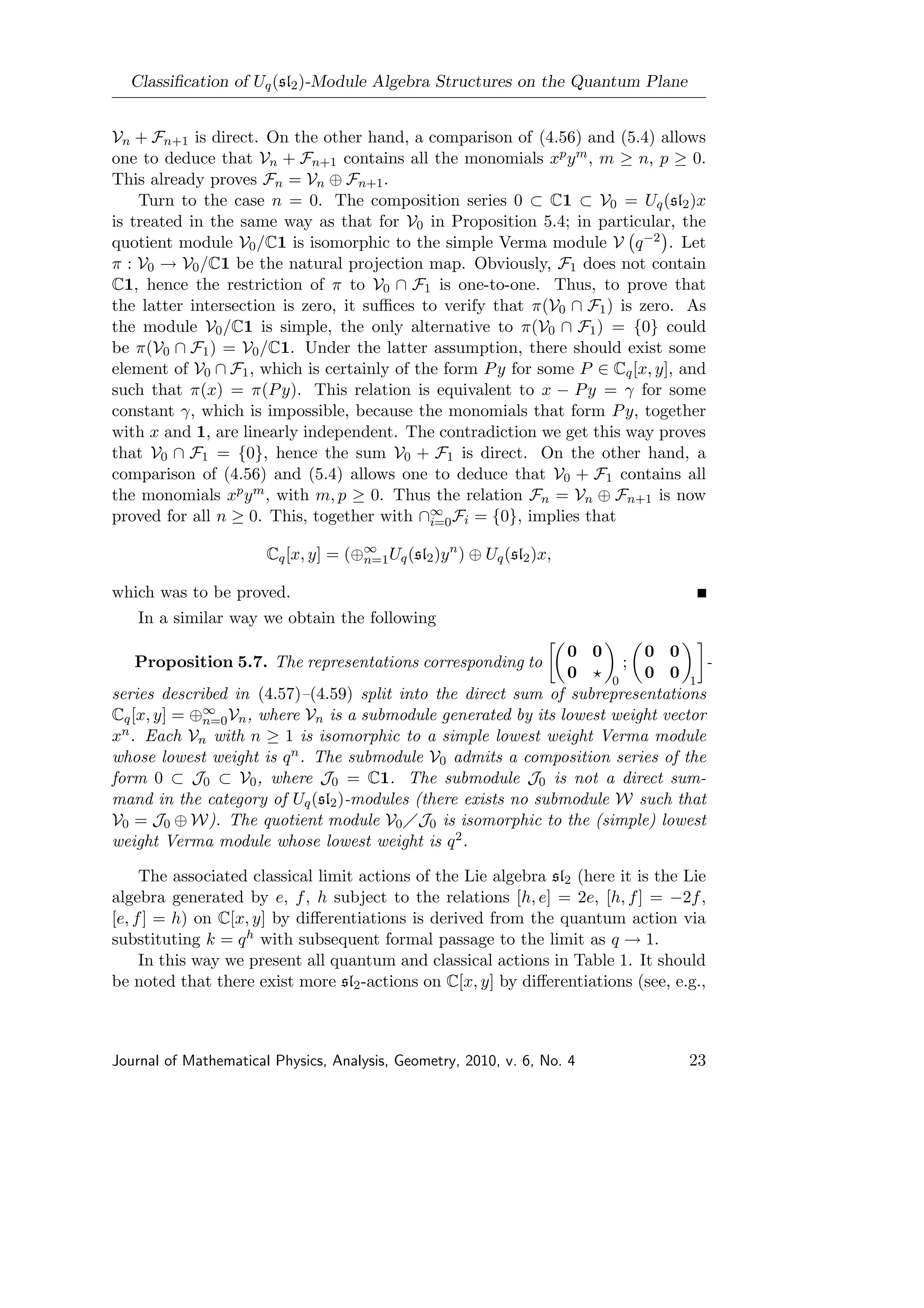 Classification of Uq(sl2)-module algebra structures on the quantum plane | PDF