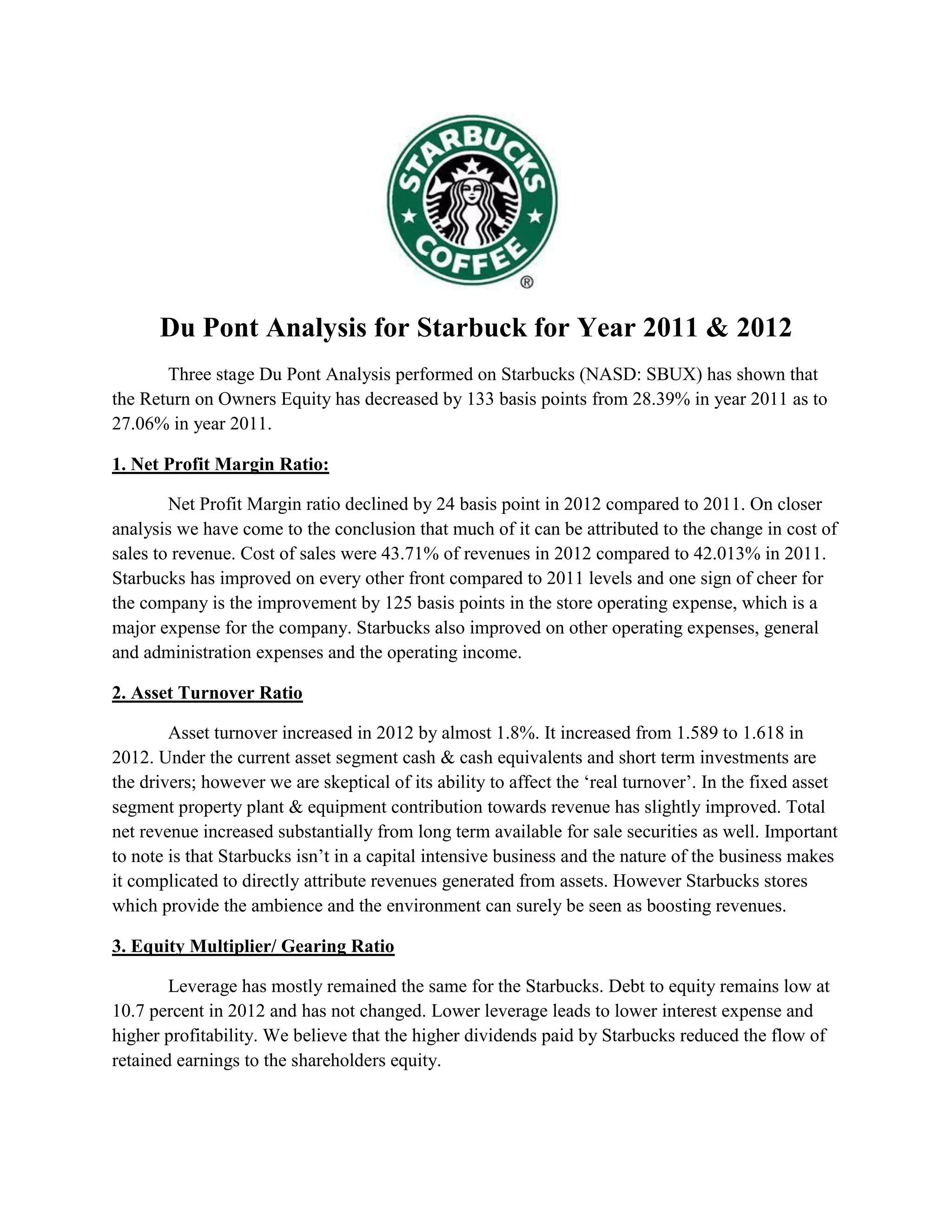 Du pont analysis for starbucks for year 2011 | PDF