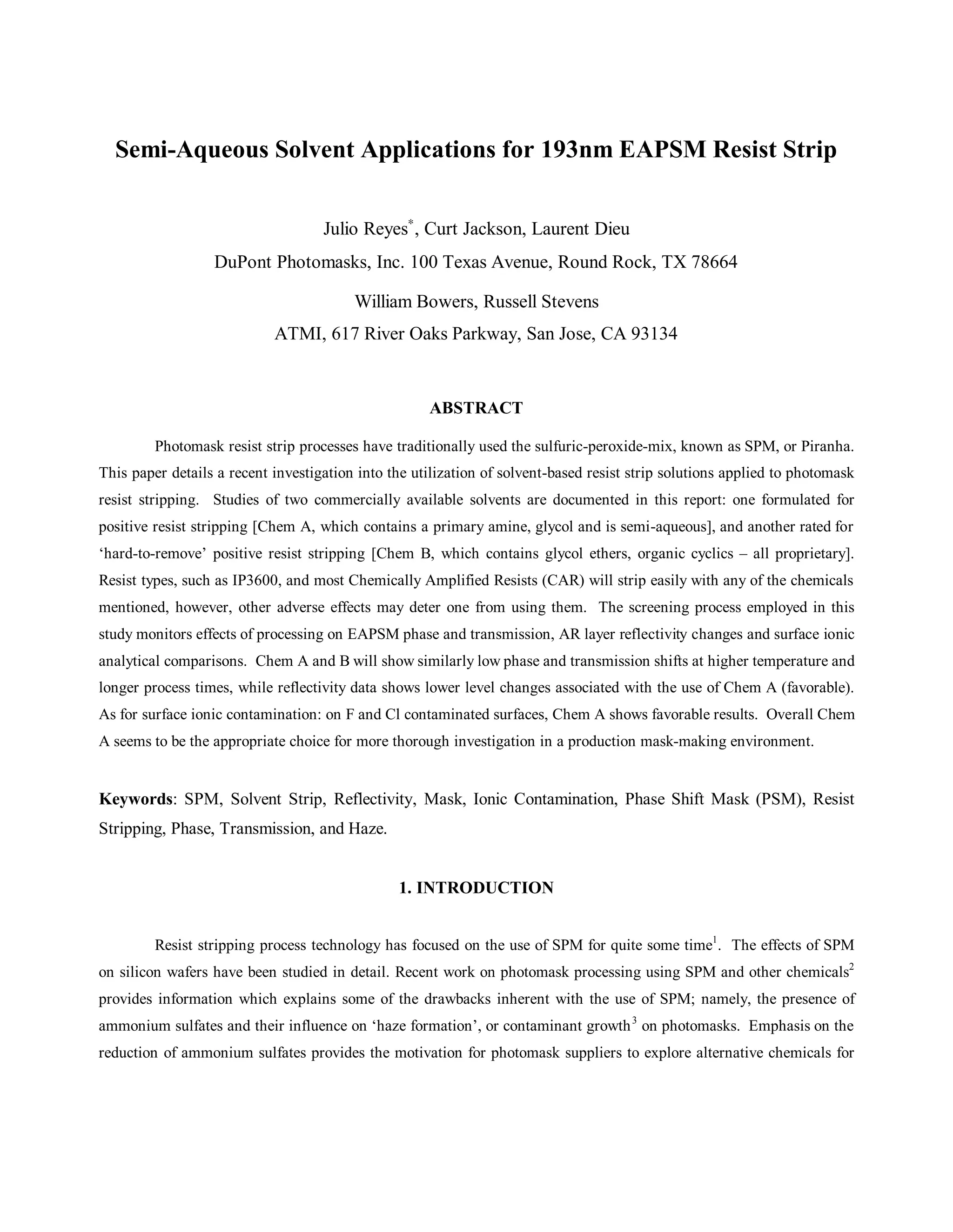 Semi-Aqueous Solvent Applications for 193nm EAPSM Resist Strip | PDF