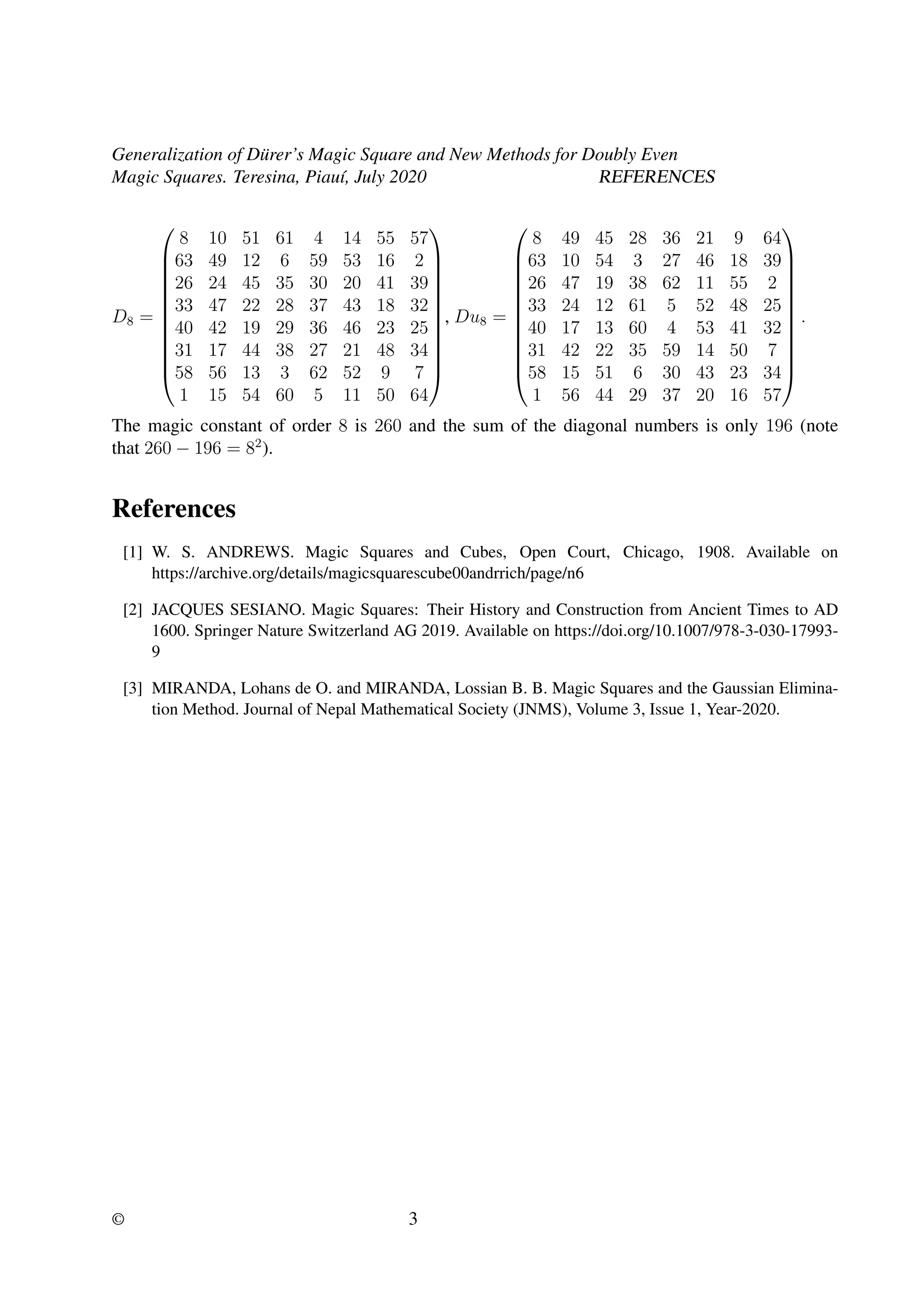 Generalization of Dürer's Magic Square and New Methods for Doubly Even Magic Squares | PDF