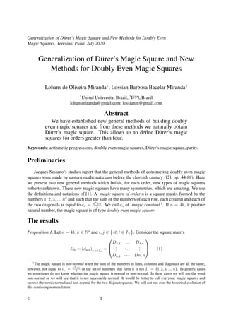 Generalization of Dürer's Magic Square and New Methods for Doubly Even ...