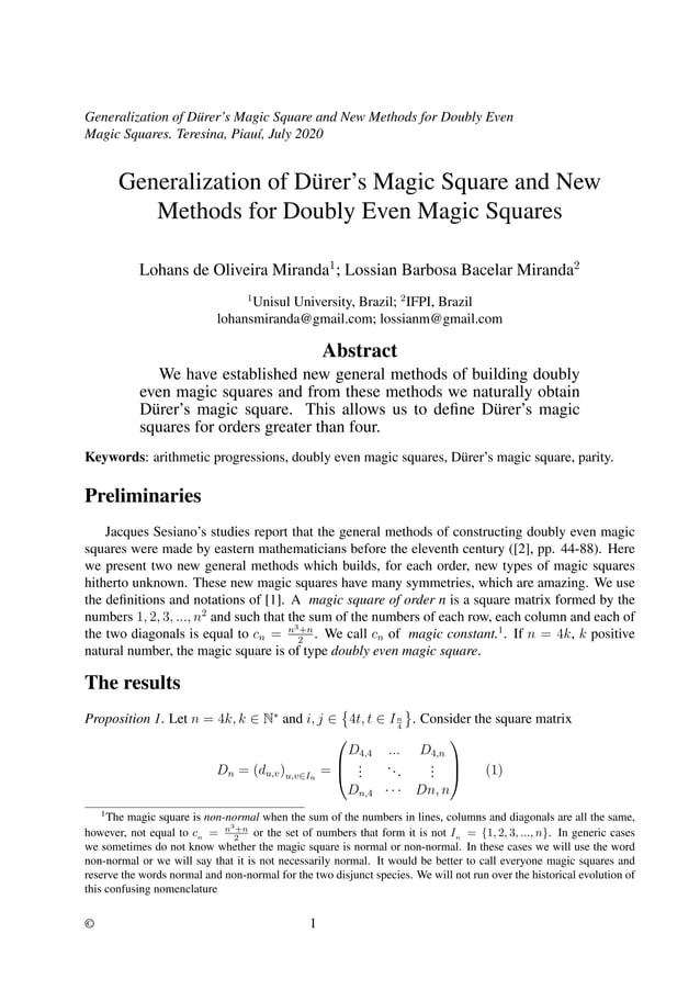 Generalization of Dürer's Magic Square and New Methods for Doubly Even ...