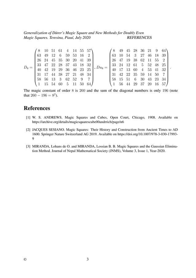Generalization of Dürer's Magic Square and New Methods for Doubly Even Magic Squares | PDF