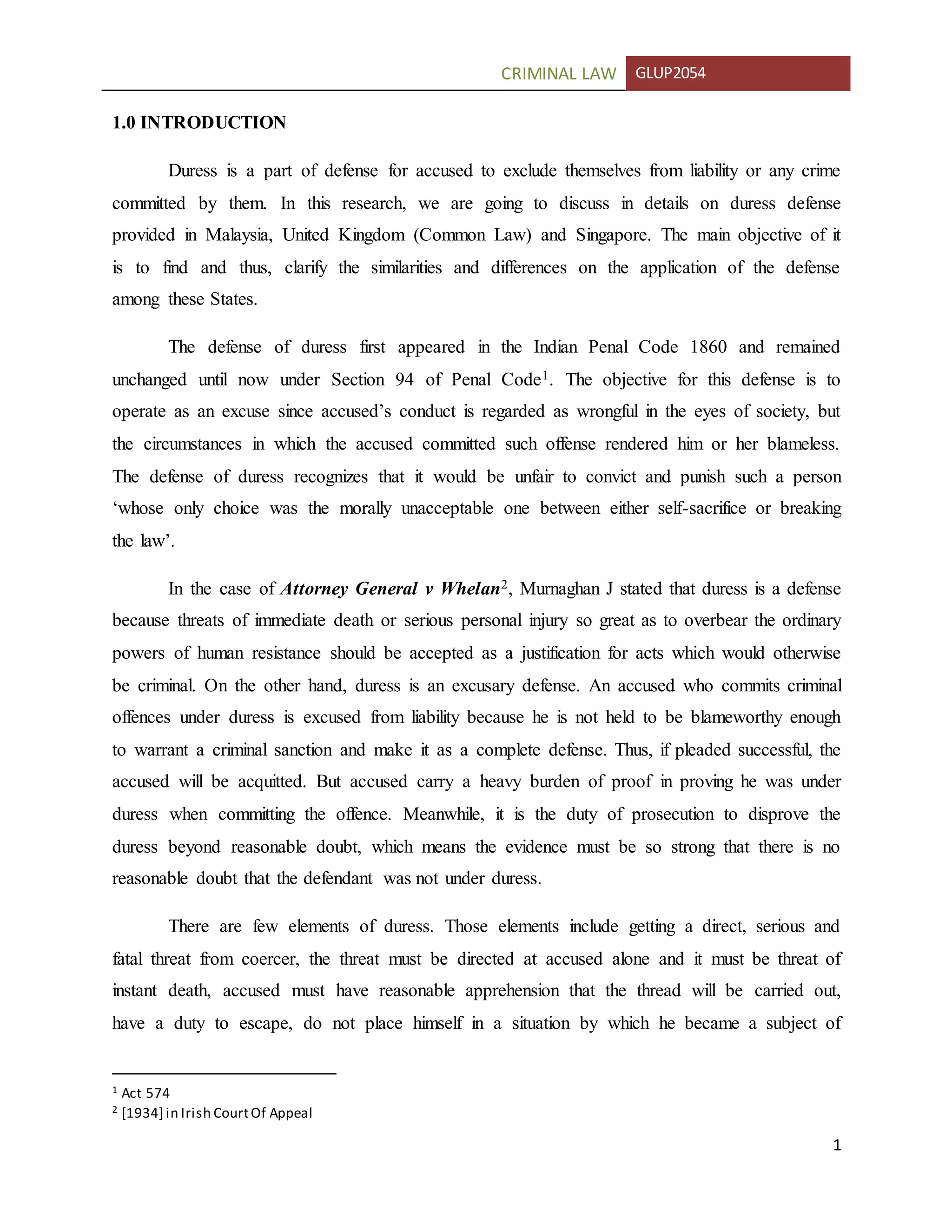 Law of Duress in Malaysia and United Kingdom | DOCX