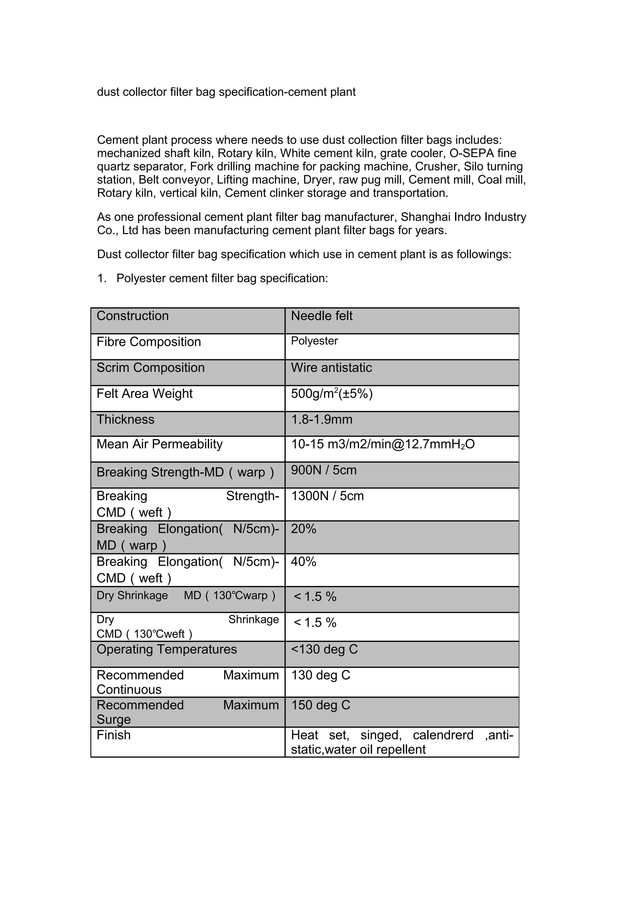 Dust collector filter bag specification | DOC