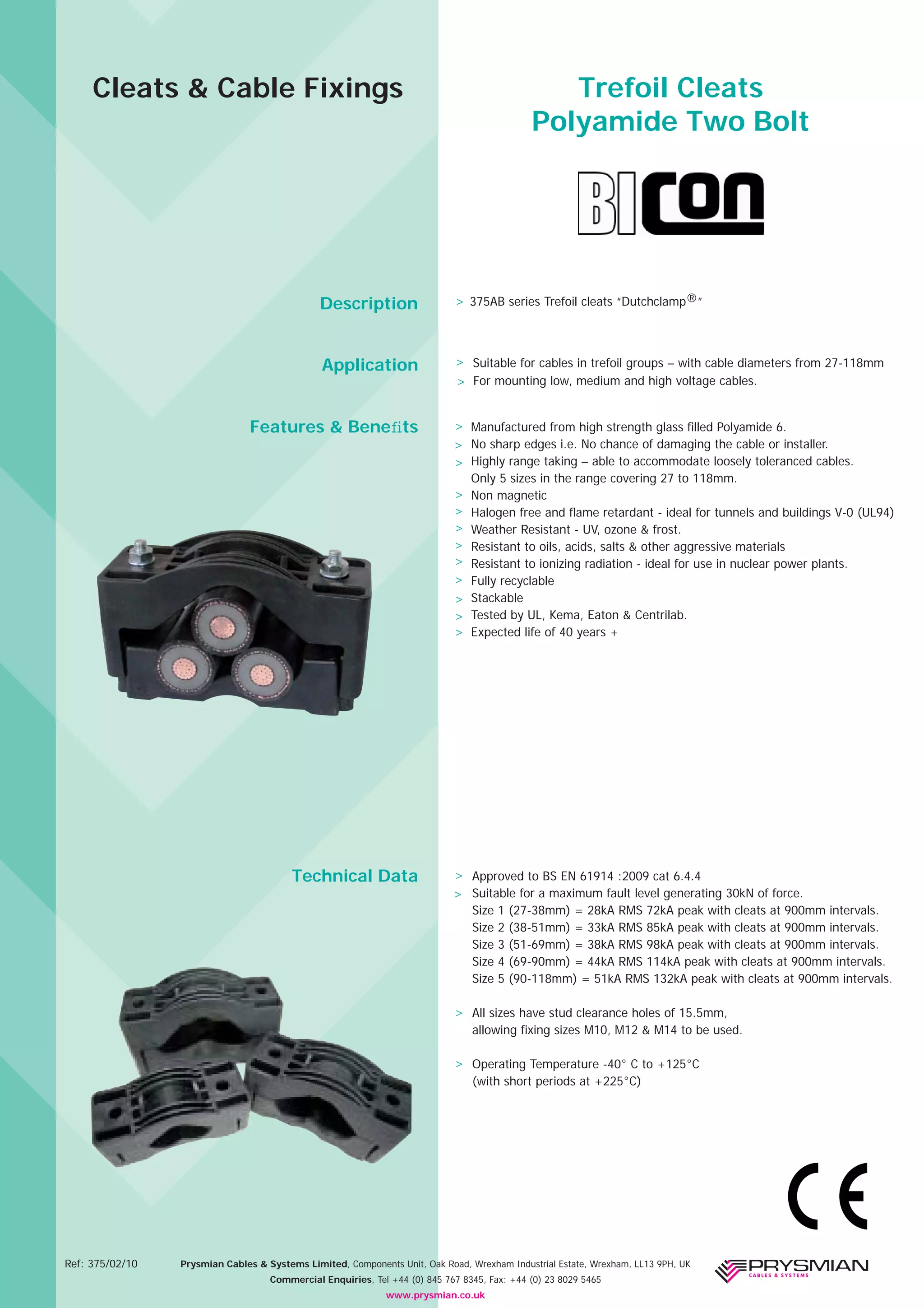 Prysmian Bicon Trefoil Cleat - Dutchclamp U375AB02 Cable Cleat - 38 ...