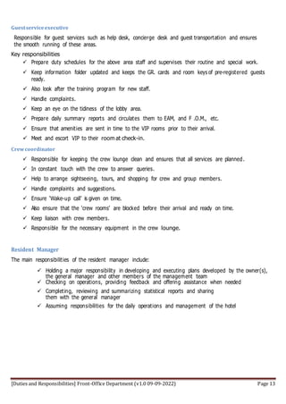 Duties and Responsibilities _ Front Office Department (v1.0 jmd 09-09 ...