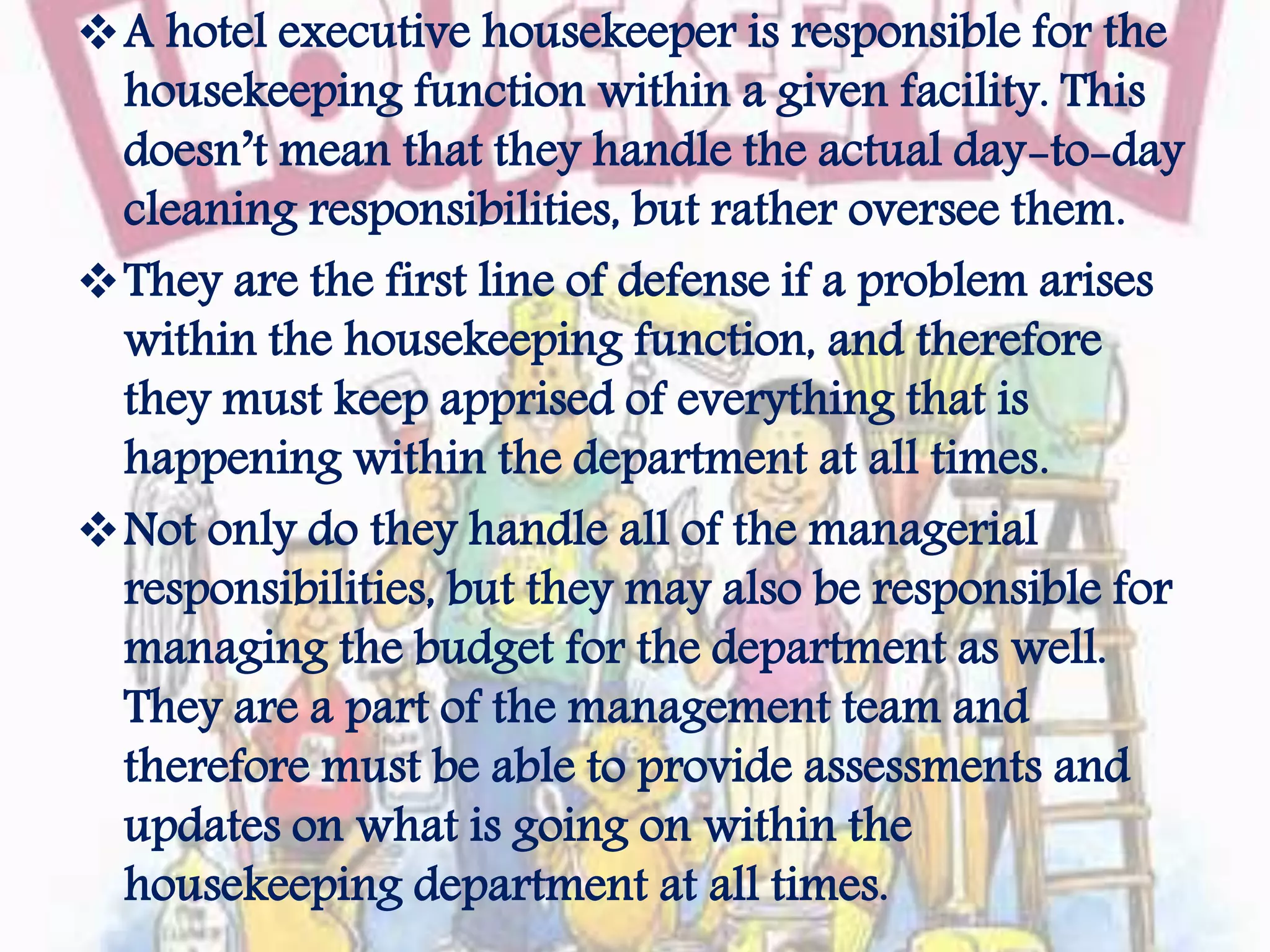 Duties and responsibilities of an executive housekeeper | PPTX