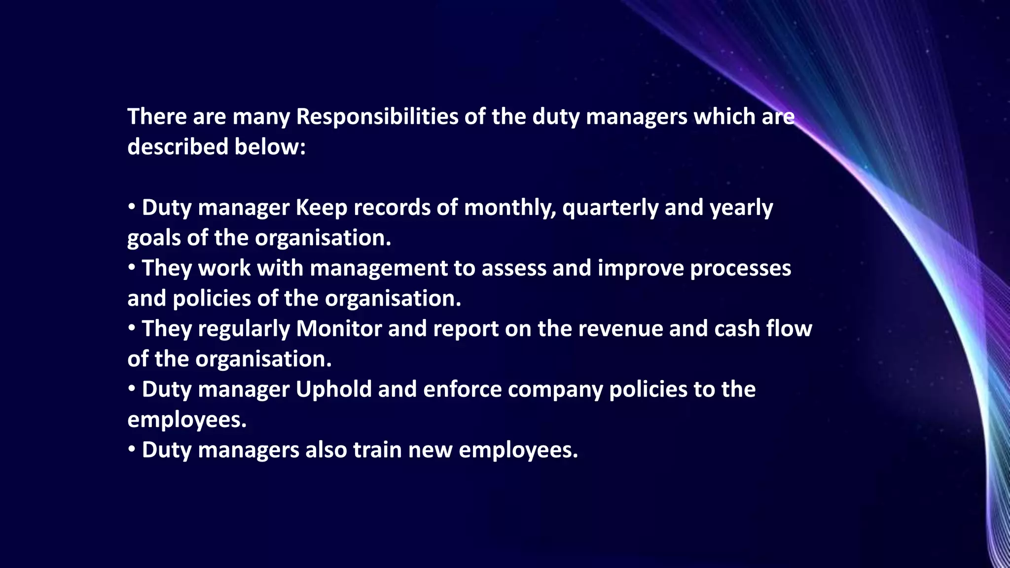 Duties and responsibilities of duty manager in any organization | PPTX