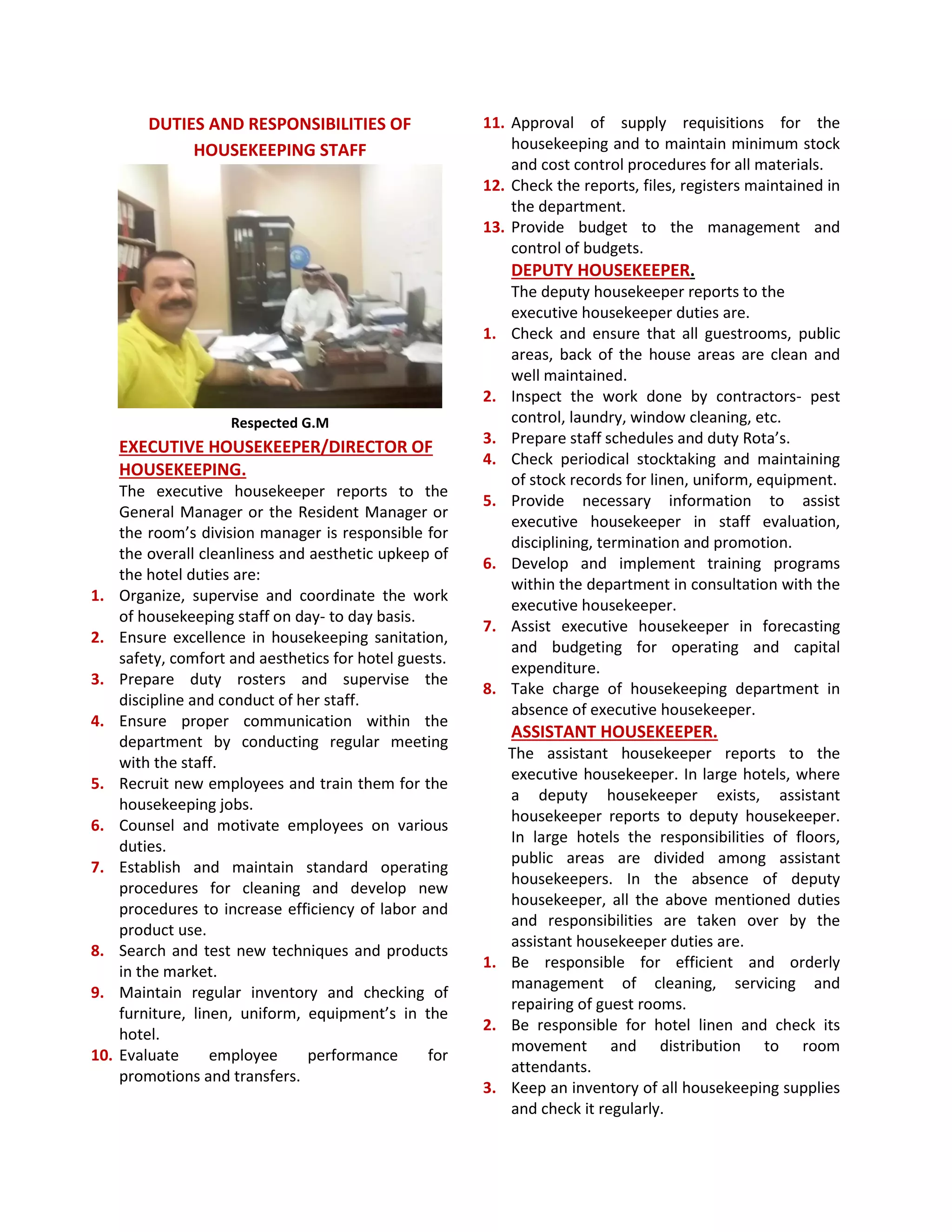 Duties and Responsibilities of Housekeeping Staff | PDF