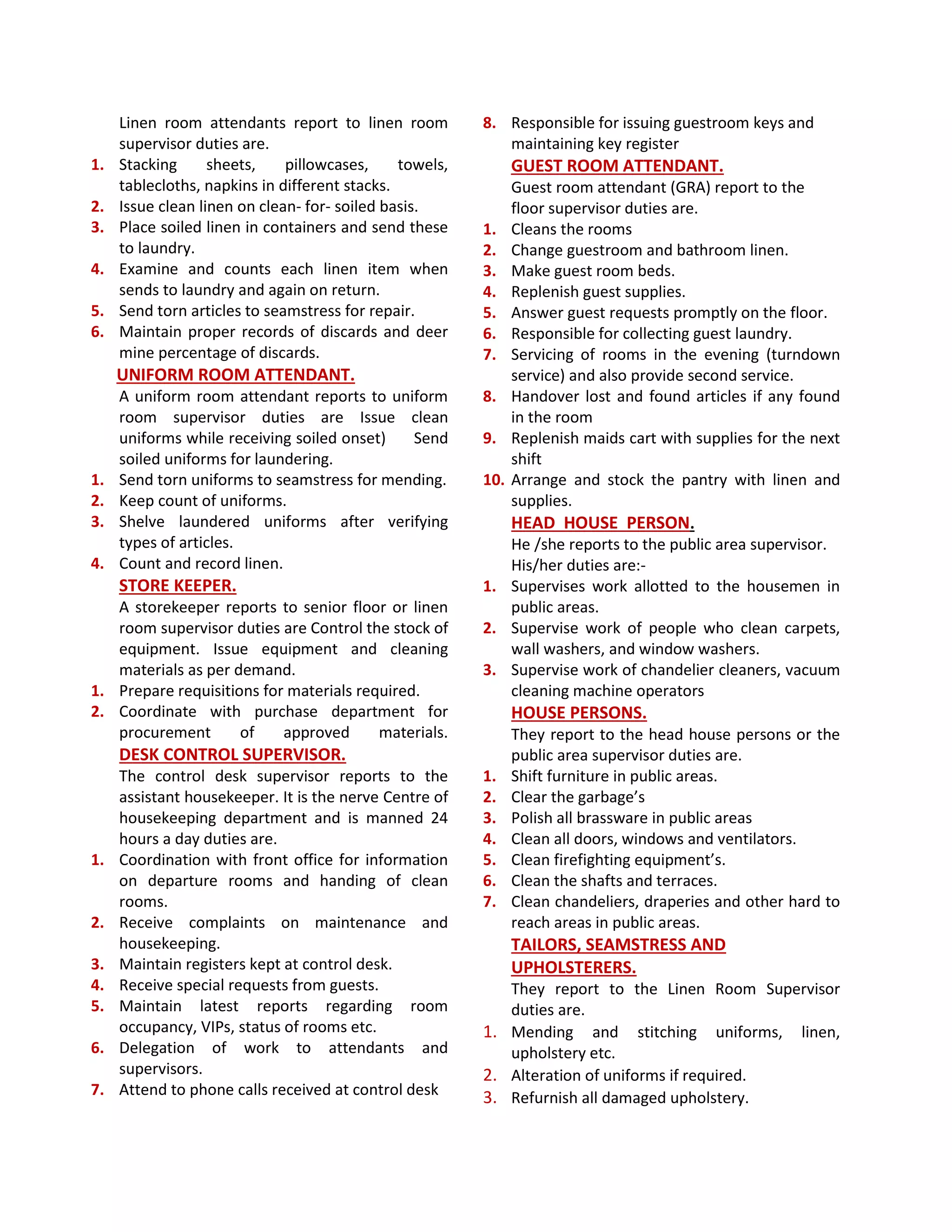 Duties and Responsibilities of Housekeeping Staff | PDF