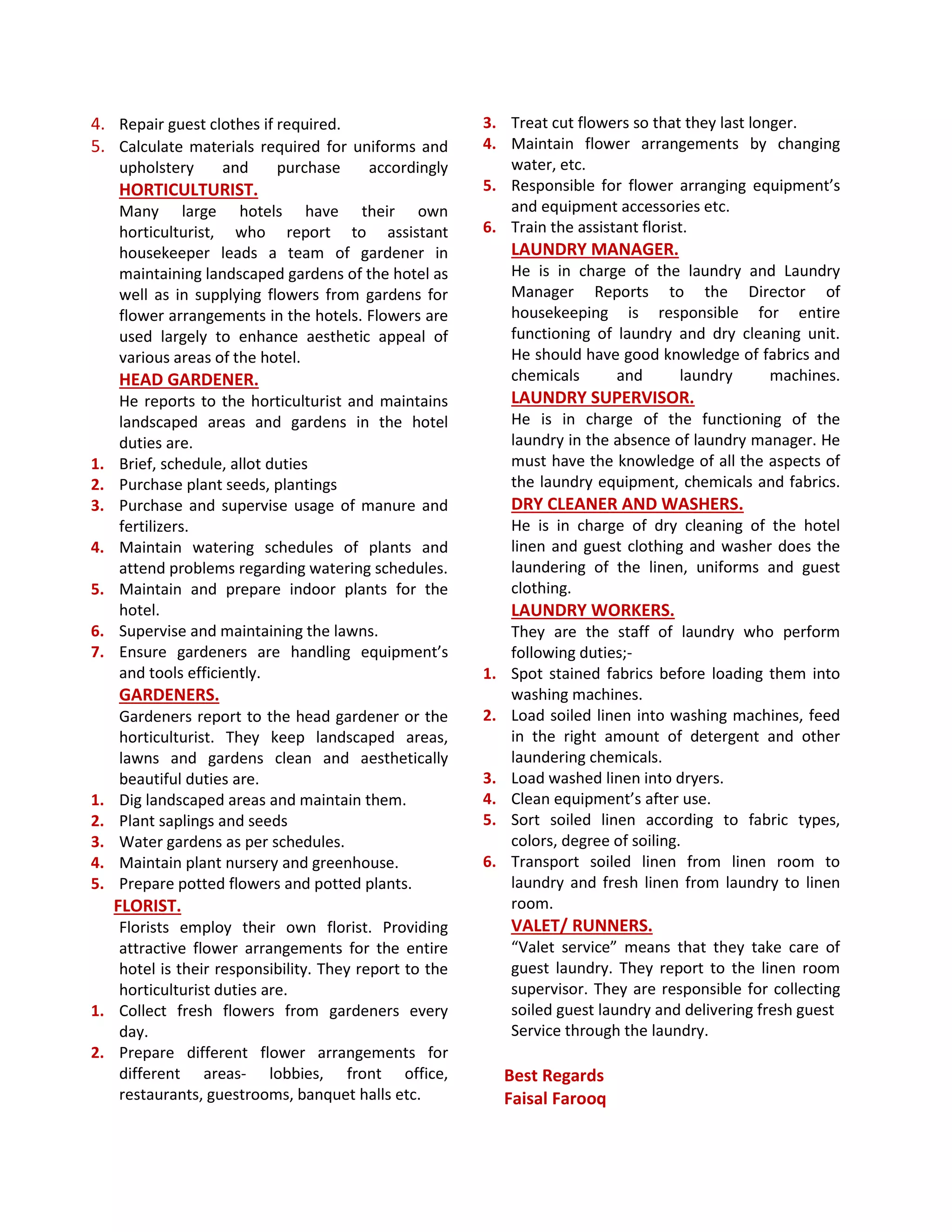 Duties and Responsibilities of Housekeeping Staff | PDF