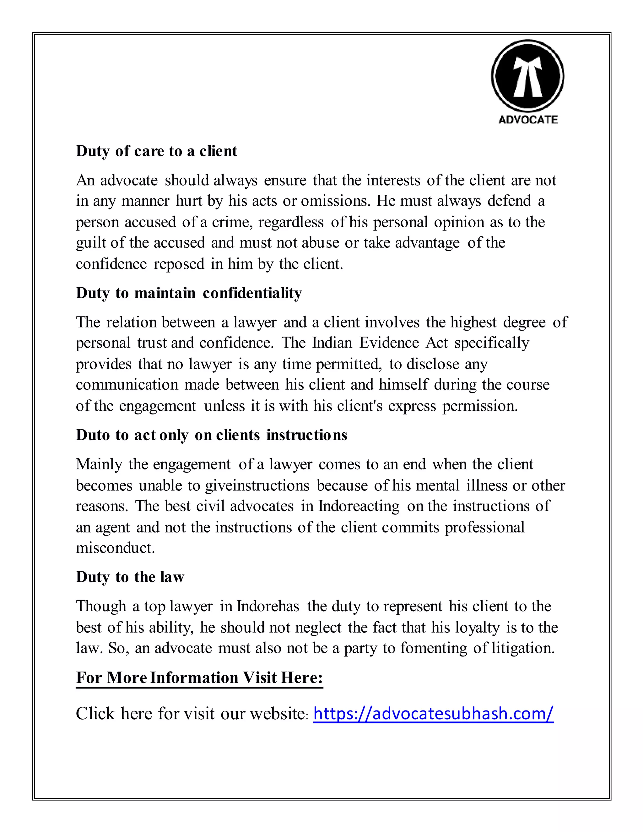 Duties of an advocate towards his client | DOCX