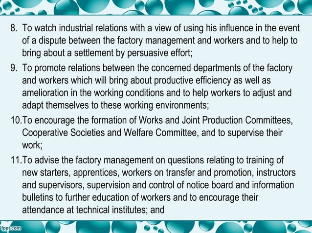 Duties of labour welfare officer | PPT | Human Resources | Business