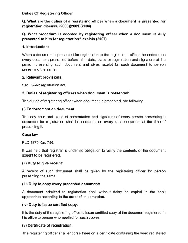 Duties of registering officer | RTF | Law
