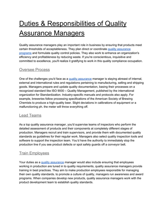 Duties & Responsibilities of Quality Assurance Managers | PDF