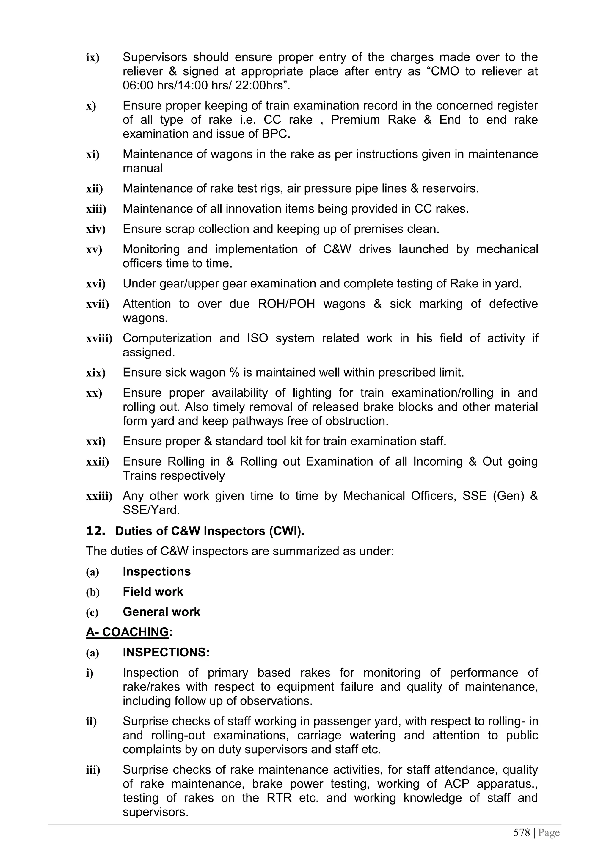 Duty List of C&W Supervisors in INDIAN RAILWAY | PDF