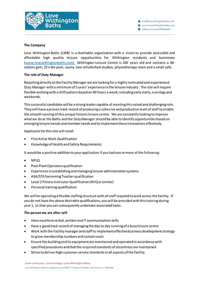 Duty manager job advert (december 2018) | PDF