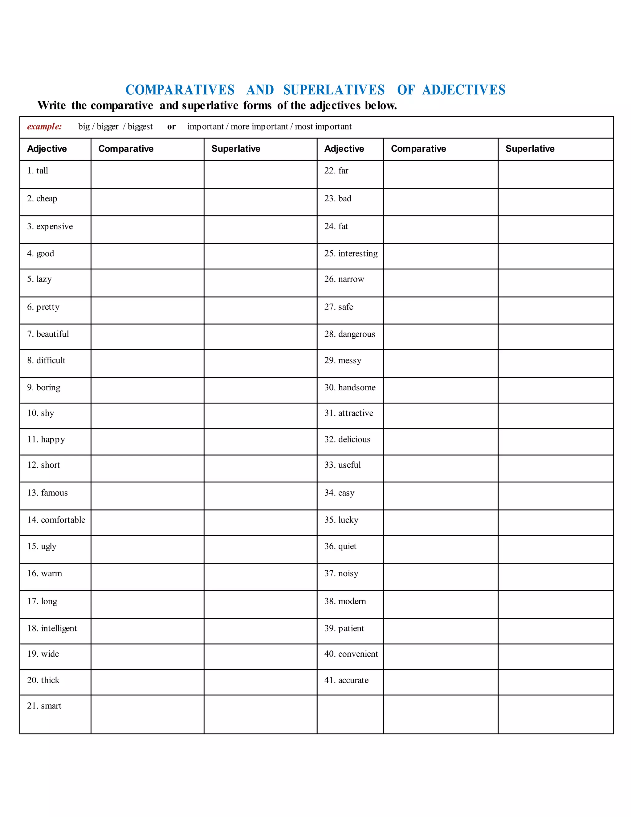 Du worksheet [chart of] comparatives & superlatives adjectives | DOCX