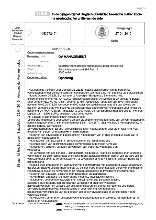 Oprichtingsakte BVBA Dejan VELJKOVIC