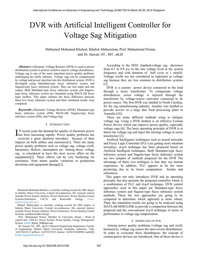 DVR with Artificial Intelligent Controller for Voltage Sag Mitigation | PDF