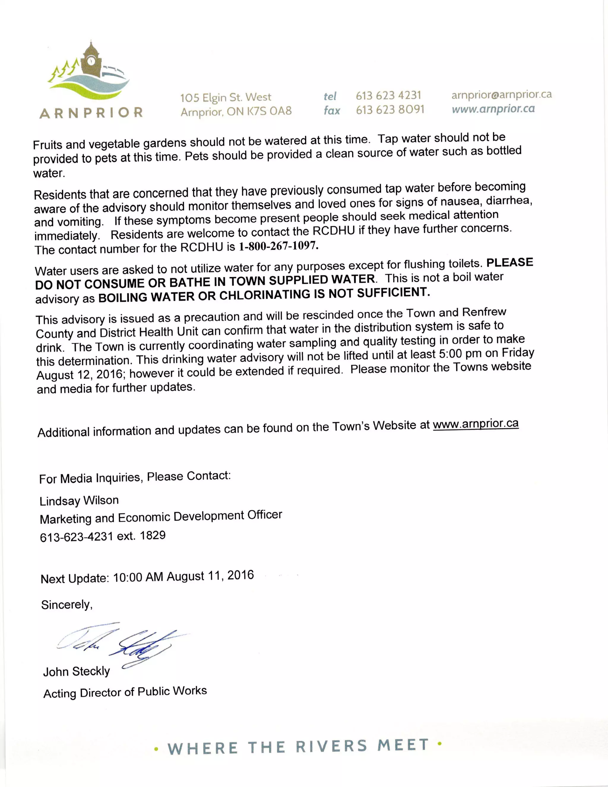 Arnprior water advisory extension news release | PDF