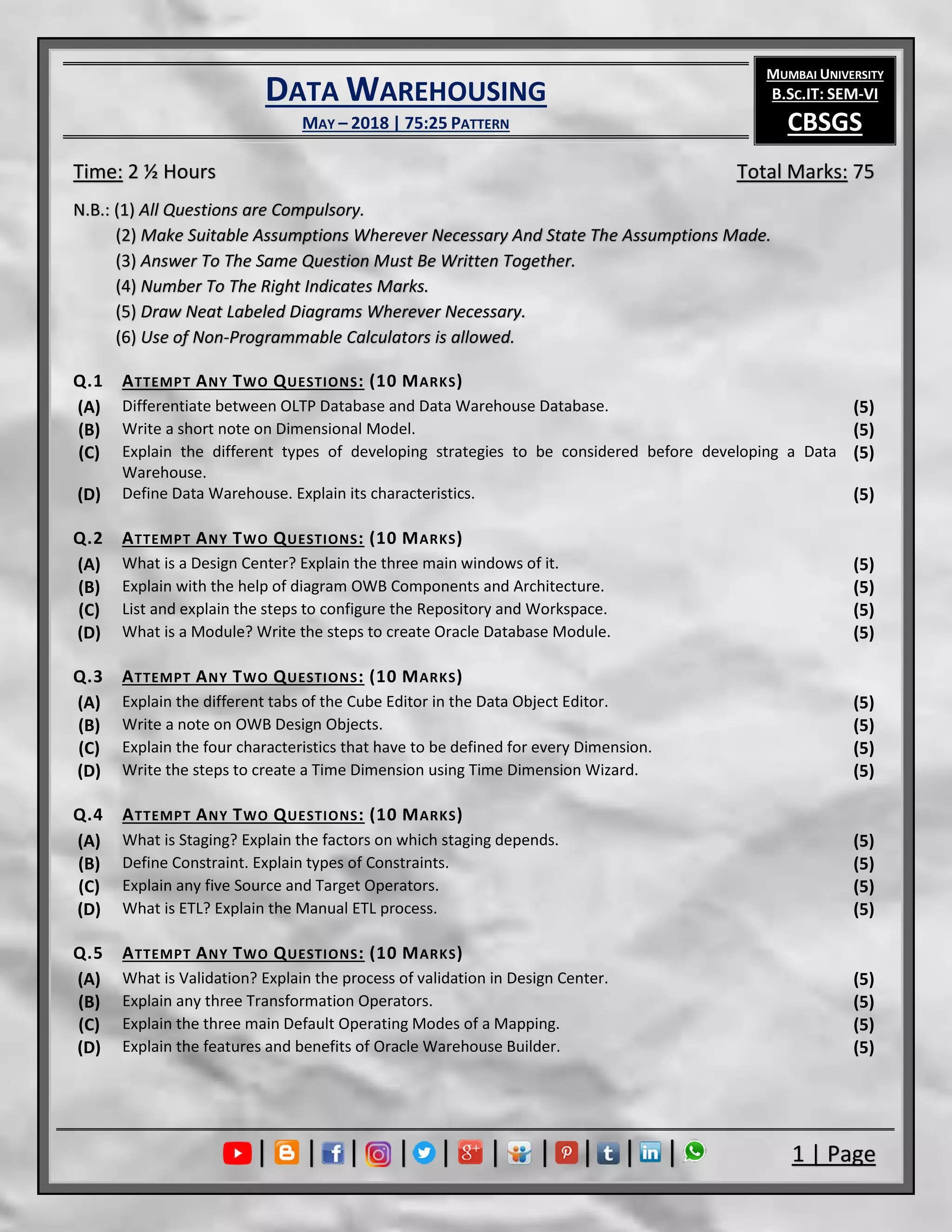 Data Warehousig (Question Paper) [May – 2018 | CBSGS - 75:25 Pattern] | PDF