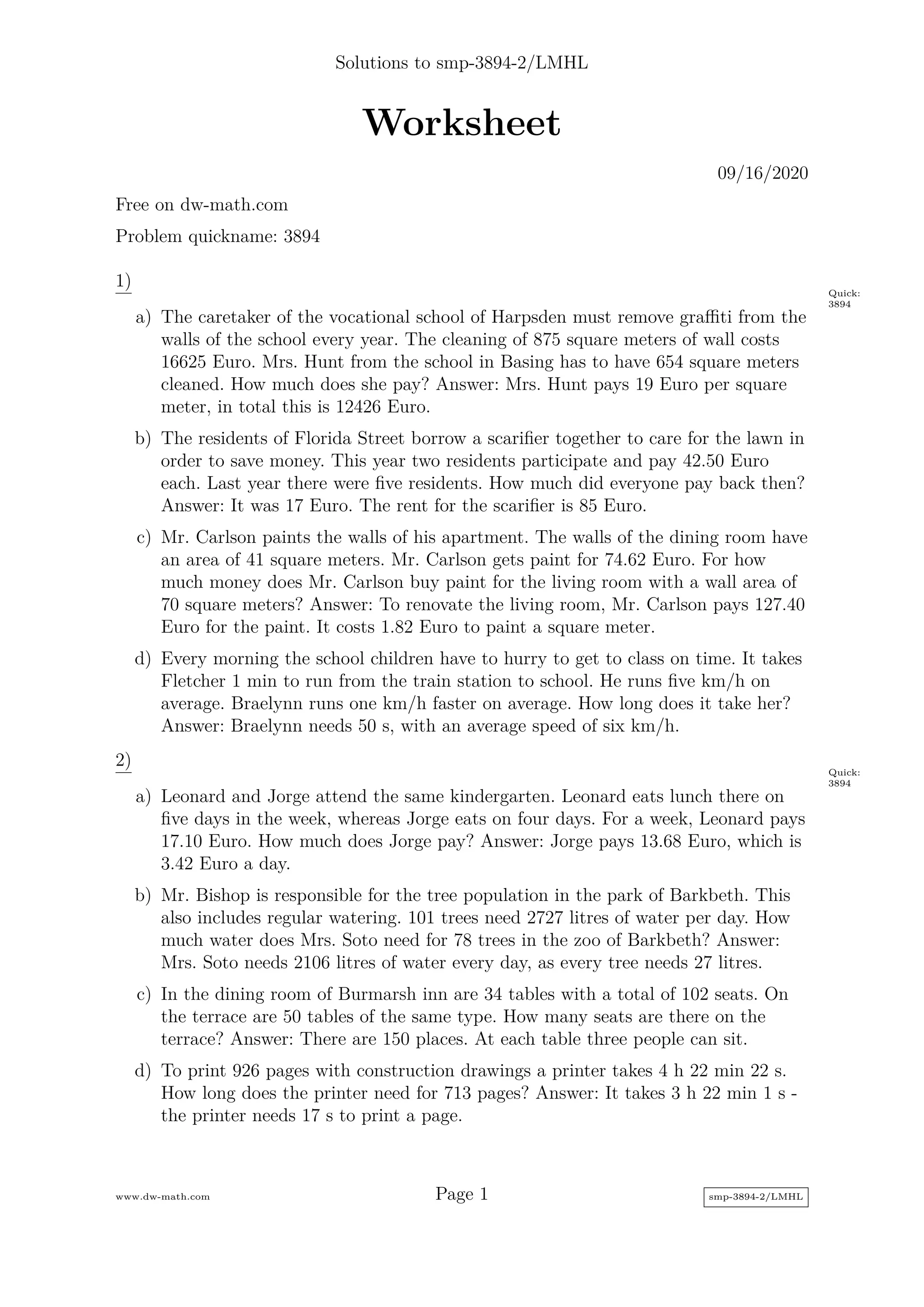 Rule of three word problems - Worksheet two - Answers | PDF