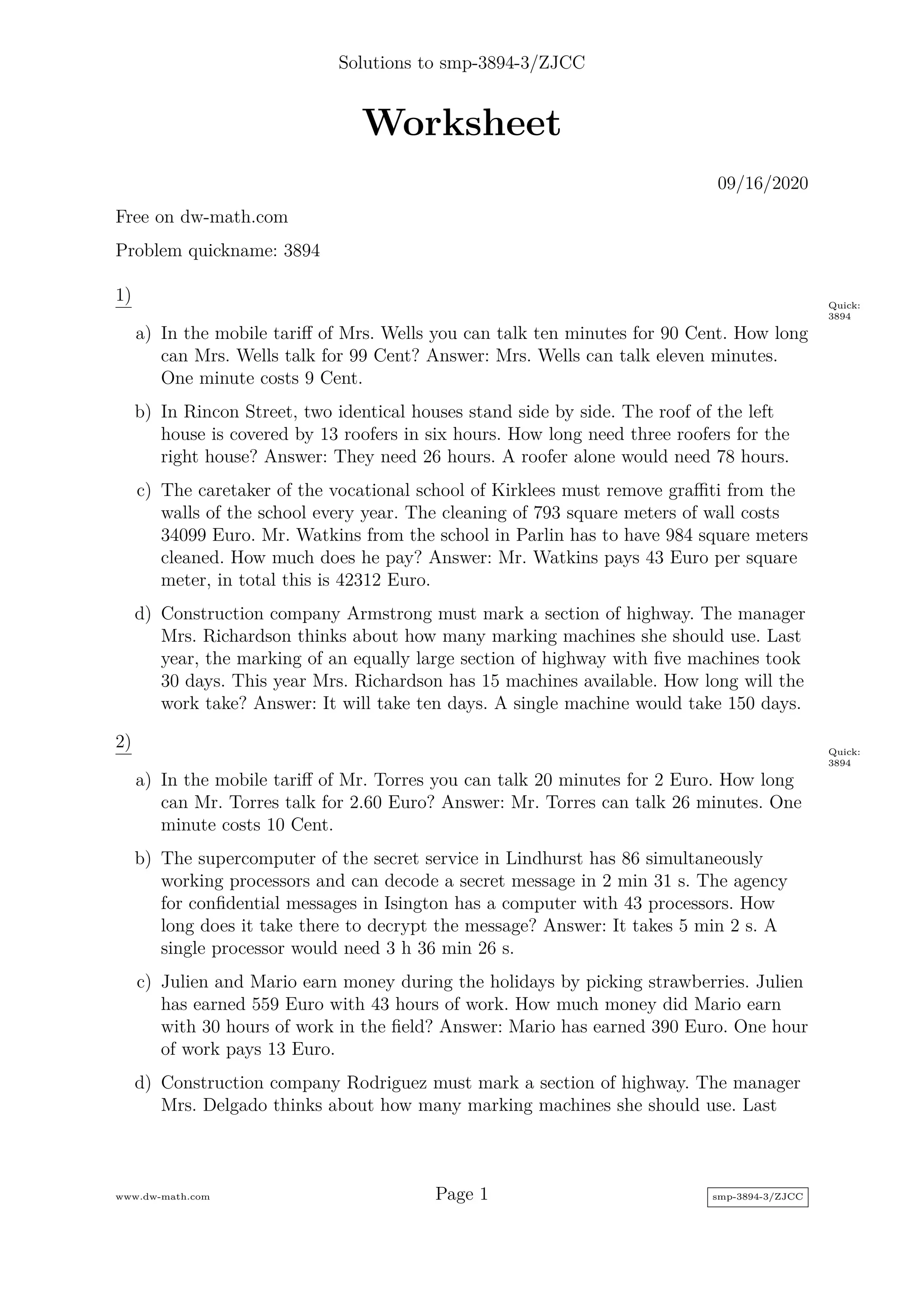 Rule of three word problems - Worksheet three - Answers | PDF