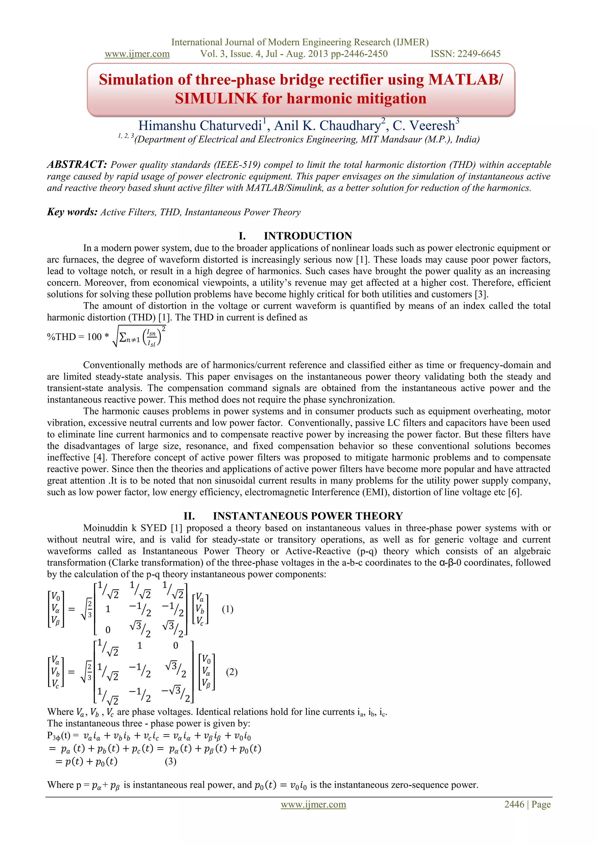 Simulation of three-phase bridge rectifier using MATLAB/ SIMULINK for harmonic mitigation | PDF